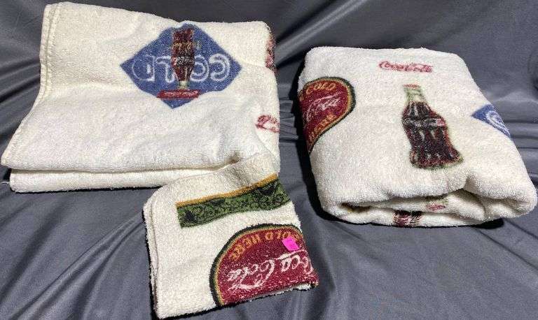 Two Coca-Cola Brand Cotton towels Featuring Logo and A Wash Cloth ...