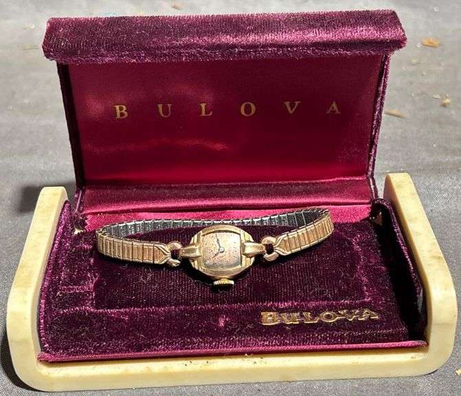 Bulova Watch, Velvet Display Box, Earrings, Sterling Pendant, and Token ...