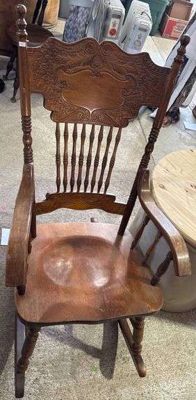Carved Rocking Chair with Turned Spindles and Decorative Backrest ...