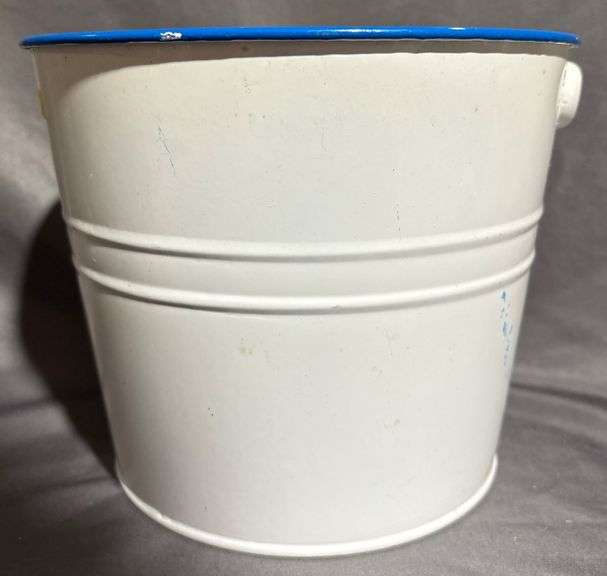 White Metal Pail with Blue Rim and Handle - Metzger Property Services, LLC