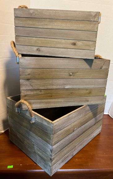 Three Rectangular Slatted Wood Boxes with Rope Handles - Metzger ...