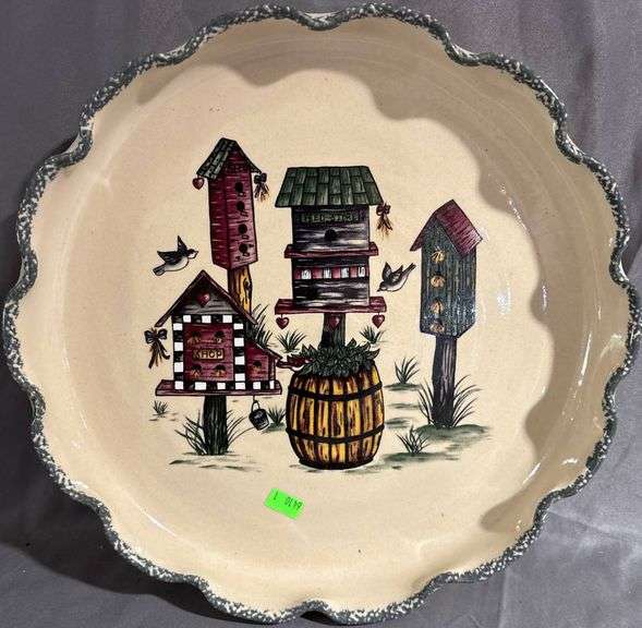 Scalloped Ceramic Pie Plate with Birdhouse Design, Home & Garden Party ...