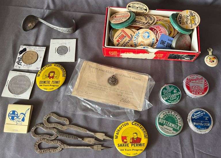 Dairy Memorabilia Including Milk Bottle Caps, Tokens, and Vintage ...
