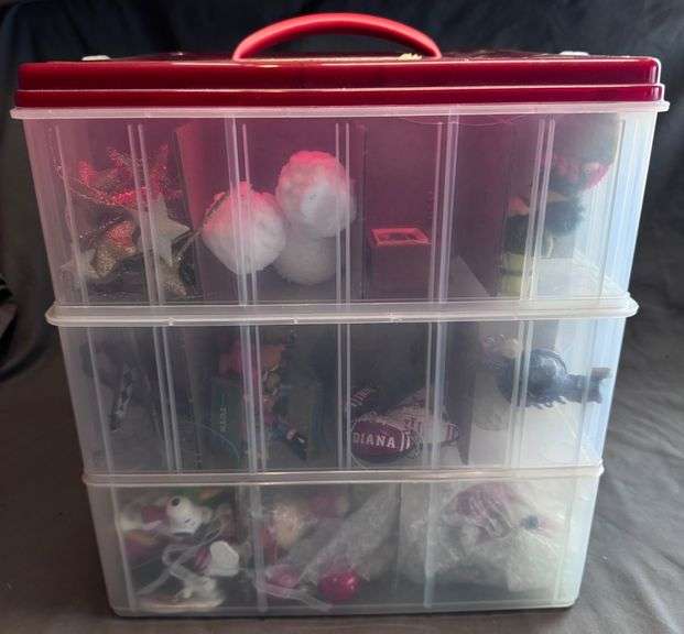 Stackable Plastic Storage Box with Handle and Holiday Ornaments ...