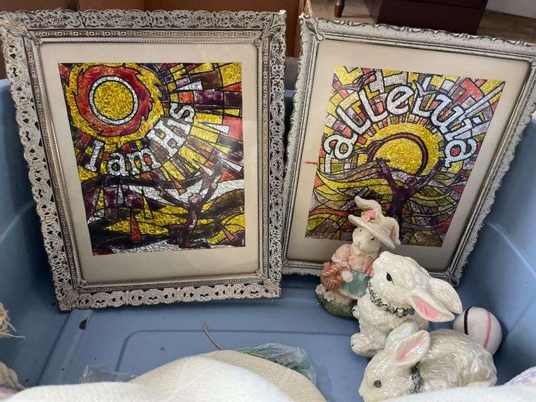 Easter Figurines, Framed Artwork, and Woven Basket - Metzger Property ...