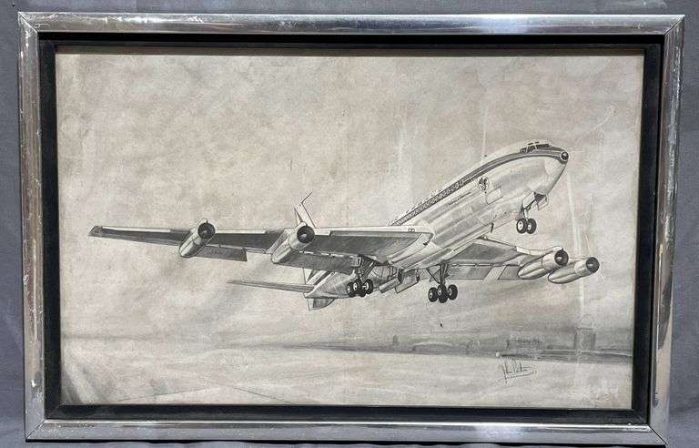 1967 Framed Pencil Drawing of the Boeing 707 Airplane taking off ...