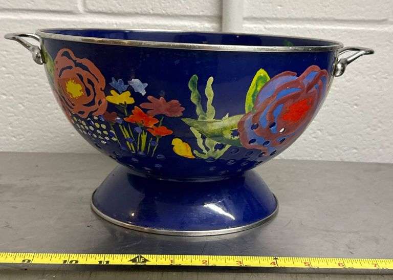 Blue Enamel Colander with Floral Designs and Metal Handles - PICK UP AT ...