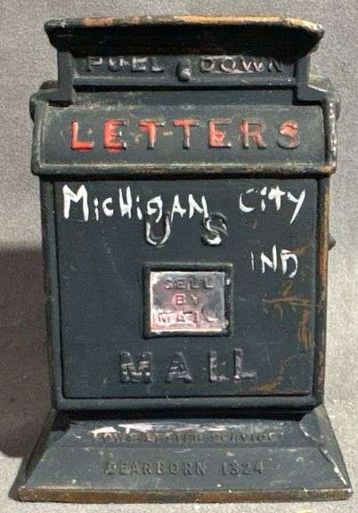 Metal Piggy Bank Shaped Like a U.S. Mailbox with Painted Marking ...