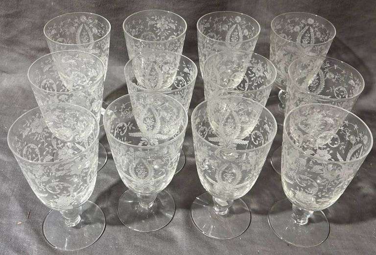 12 Etched Glass Goblets with Floral and Scroll Design, 6” Tall ...