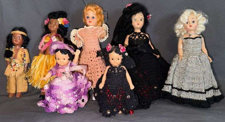 Seven Plastic Dolls with Crochet and Fabric Clothing - Metzger Property ...