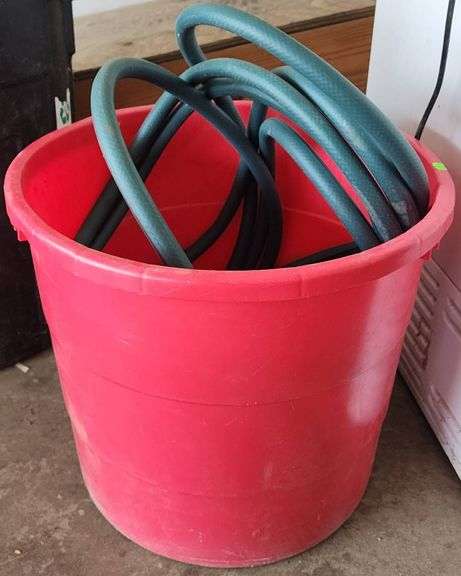 Red Plastic Bucket with Garden Hose - Metzger Property Services, LLC