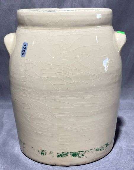 Ceramic Two-Handled Crock with Glaze and Faint Green Detailing 8”x9 ...