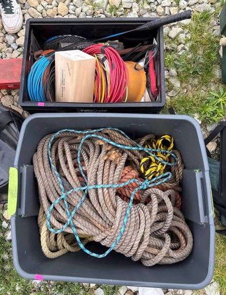 Two Storage Totes Containing Assorted Ropes, Cords, and Tools - Metzger ...
