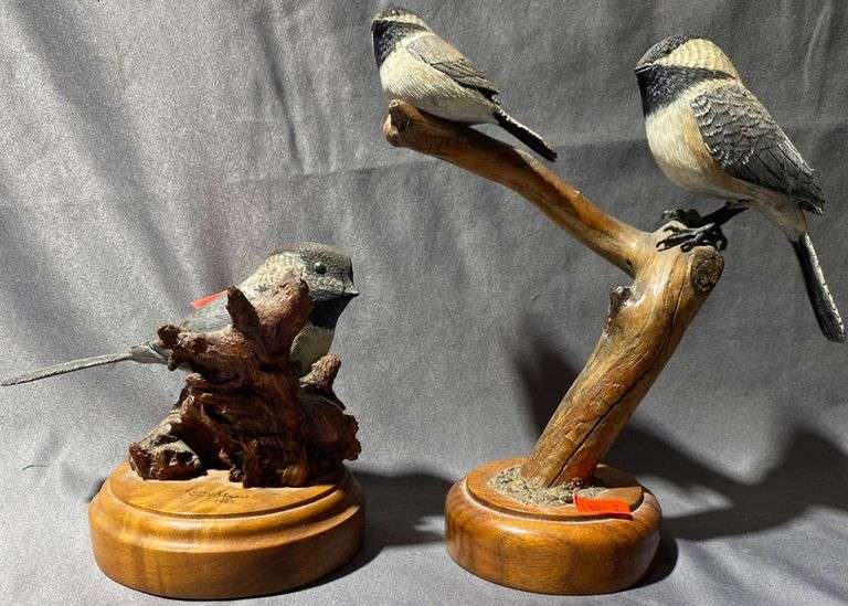 Carved Bird Sculptures on Natural Wood Bases by Kerry Maynard, 1985 ...