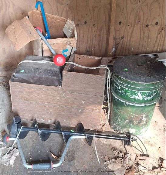 Hand-Powered Ice Auger, Metal Sifter, and ice fishing box - Metzger ...