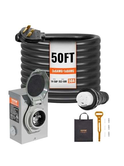 VEVOR - 50 ft. 50 Amp 125-Volt Generator Extension Cord and Power Inlet ...