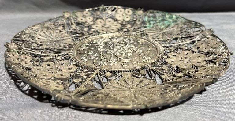 Sterling Silver Chinese Filigree Plate with Floral and Dragon Motif ...