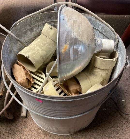 Galvanized Metal Bucket with Assorted Plastic Plumbing Fittings and ...