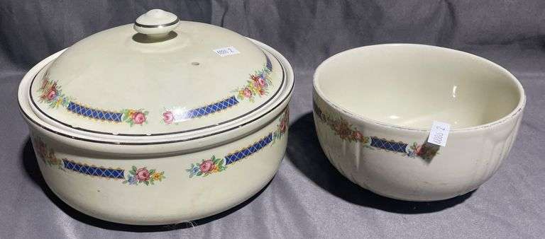Hall China Lidded Casserole Dish and Bowl with Floral and Lattice ...