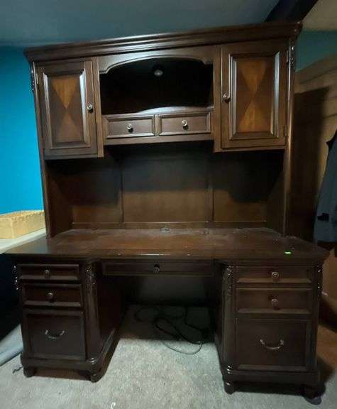 Two-Piece Computer Desk with Hutch in Dark Finish - Metzger Property ...