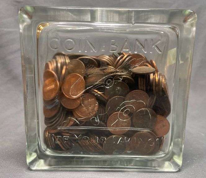 Clear Glass Coin Bank Featuring Embossed Graphics - Metzger Property ...