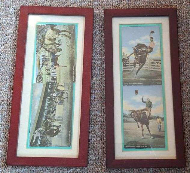 4 Framed Western Rodeo Post cards Featuring Horse Riders in 2 frames ...