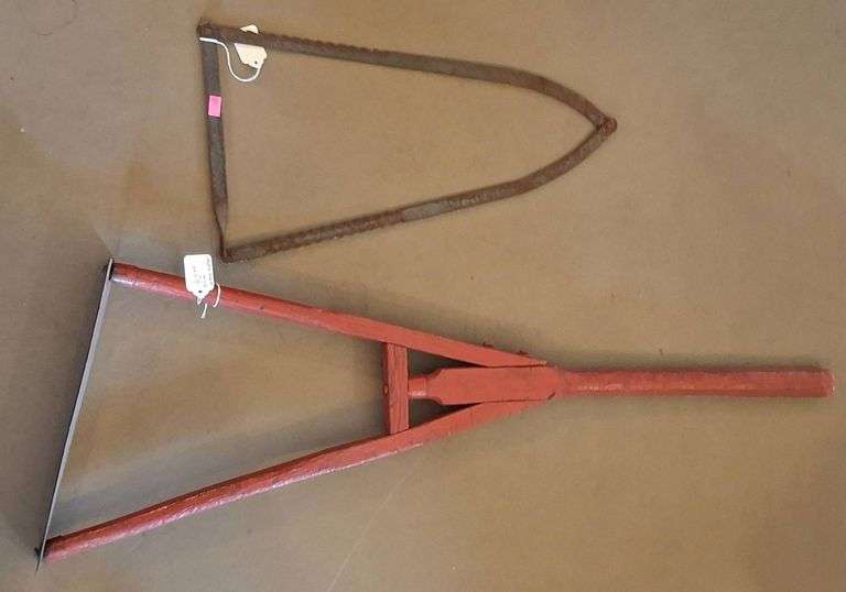 Two Handheld Saw Frames, Including Red-Painted Bow Frame and Metal ...