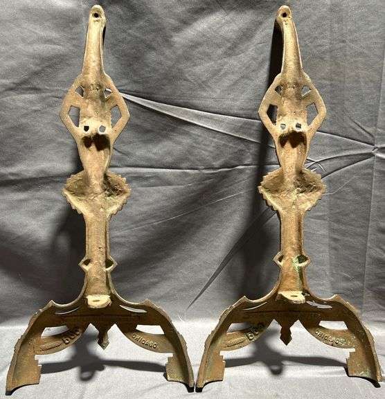 Cast Iron Andirons with Stylized Figures and Marked Base9”x18 ...