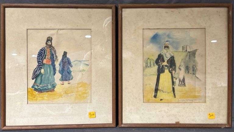 2 Framed Watercolor Paintings Signed ‘Georges Cyr’ inc. “Bedouin Woman of Akkar Lebanon” 14”x16 ...