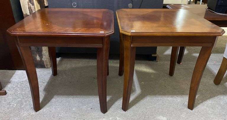 (2) Square Mahogany Veneer Side Tables with Tapered Legs - Metzger Property Services, LLC