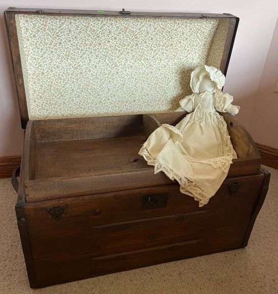 Camel Back Trunk with Floral-Lined Interior, Compartments, & Doll ...