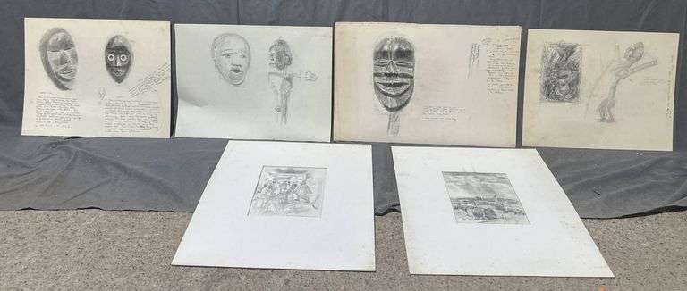 Six Pencil Drawings Featuring Masks, Figures, and Architecture ...