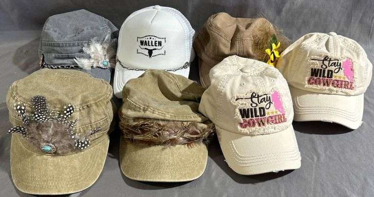 Seven Fabric Caps with Embellishments inc. Feathers, Chains, & Logos ...