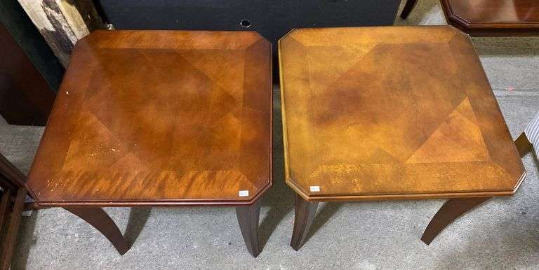 (2) Square Mahogany Veneer Side Tables with Tapered Legs - Metzger Property Services, LLC
