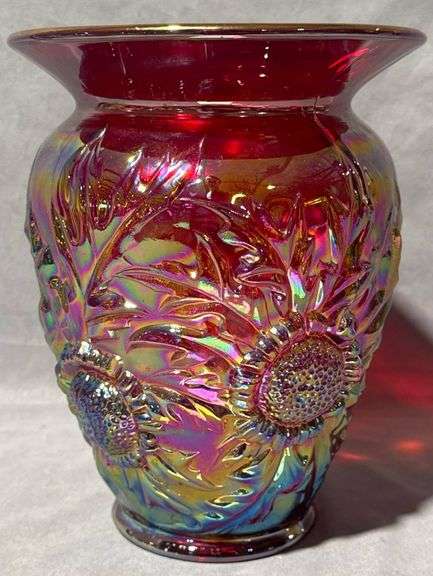 Fenton Carnival Glass Vase, Family Signature Series #36, Red Iridescent ...
