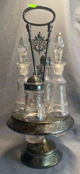 Silver-Plated Cruet Stand with Etched Glass Bottles and Stoppers ...