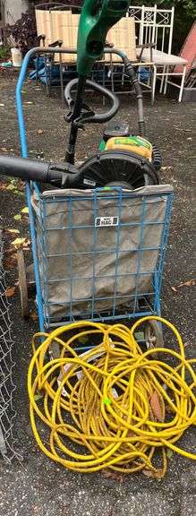 Metal Utility Cart with Gas-Powered Blower, Electric Weed Eater and ...