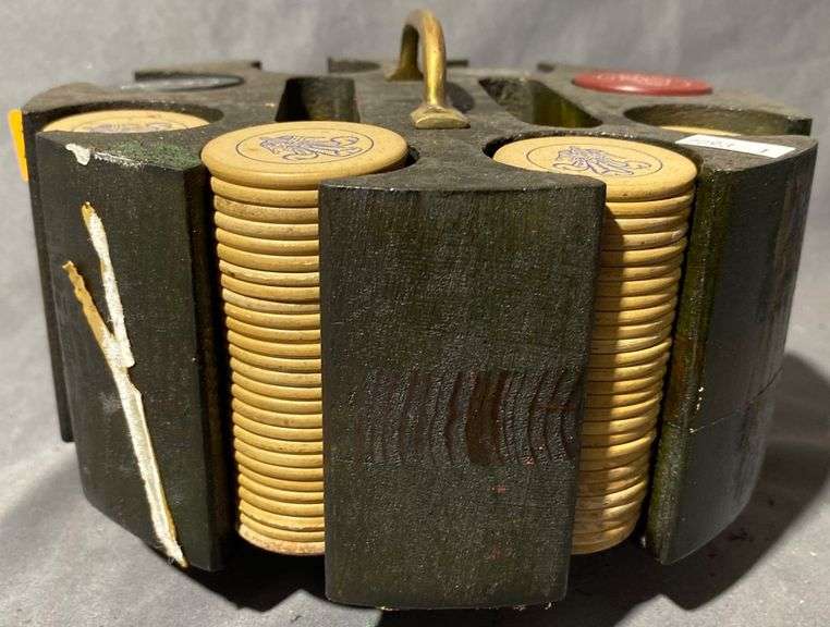 Rotating Poker Chip Caddy with Brass Handle and Fleur-de-Lis Chips ...