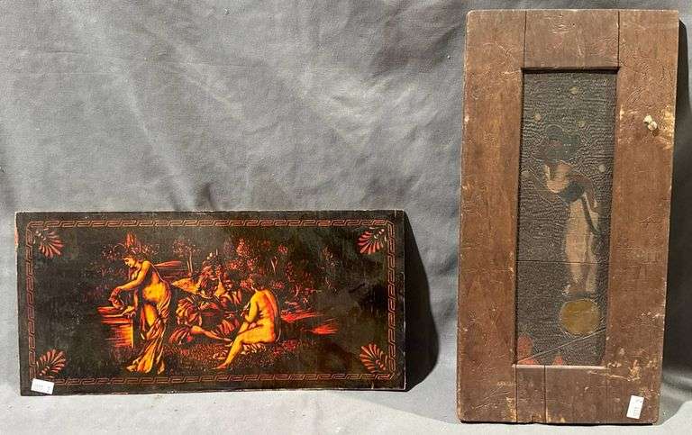 Two Panel Artwork Depicting Figures and Landscapes, 7” x 15” Each ...
