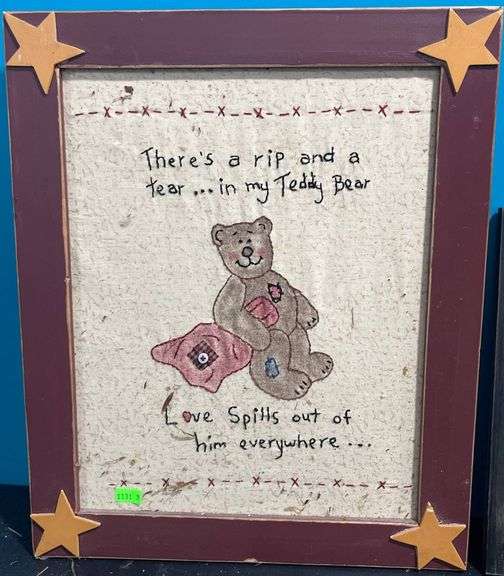 Framed Embroidered Textile Art with Teddy Bear, ABCs, and Rag Doll ...