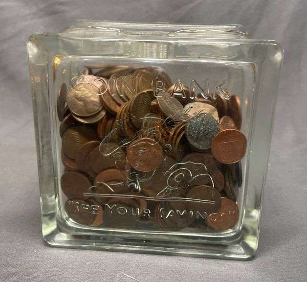 Clear Glass Coin Bank Featuring Embossed Graphics - Metzger Property ...
