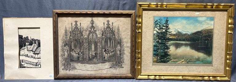 Three Framed Artworks Including Landscape and Architectural Scenes ...