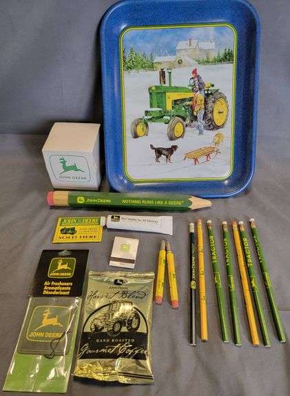 John Deere Collectible Items: Tray, Writing Tools, Mirror, Matches ...