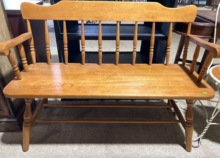 Spindle-Back Bench with Armrests in Natural Wood Finish (44”x16”x17 ...