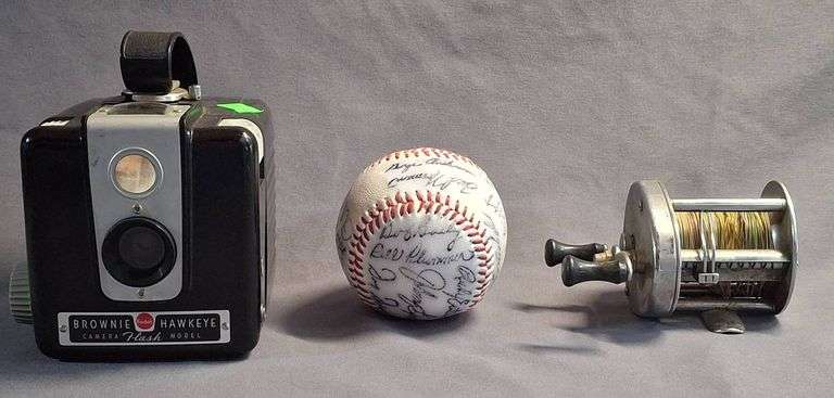 Kodak Brownie Hawkeye Camera, Signed Baseball, and Fishing Reel ...