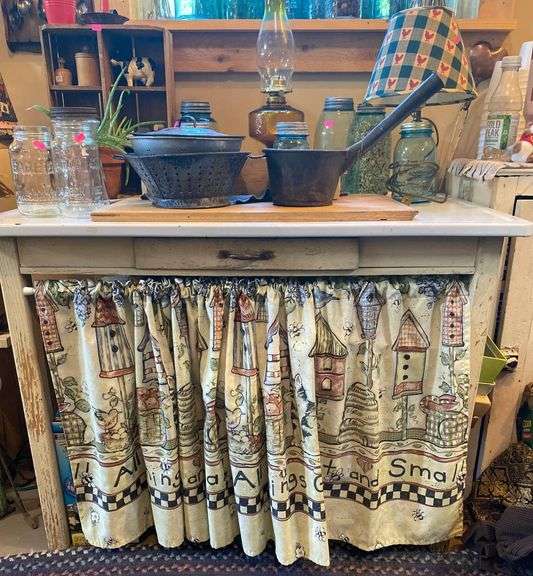 Painted Table With Single Drawer and Curtain Front, Contents on Table ...
