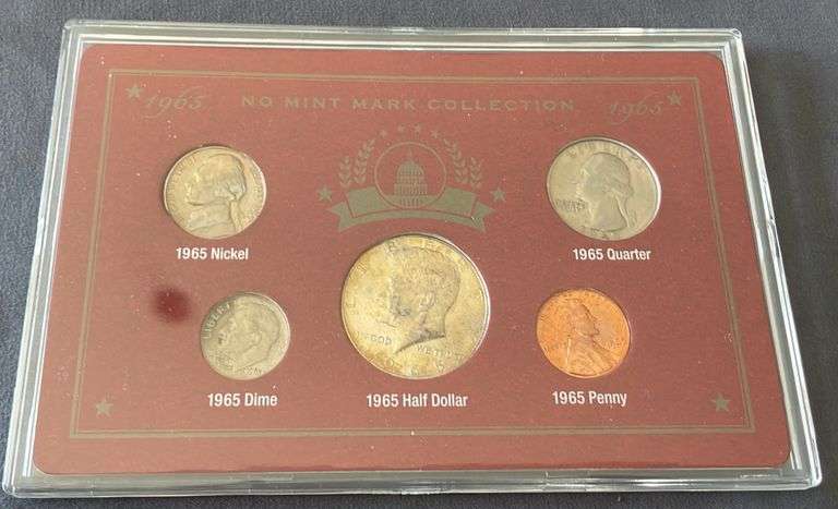 1965 No Mint Mark Collection including, Penny, Nickel, Dime, Quarter ...