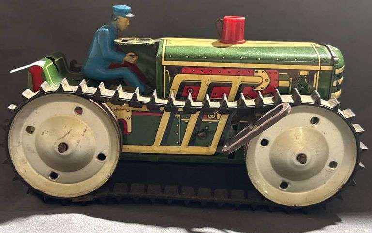 Tinplate Wind-Up Tractor Toy with Driver Figures and Metal Tracks ...