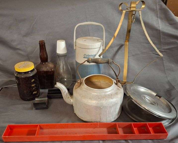 Household Items Including Metal Teapot and Coleman PolyLite Cooler ...