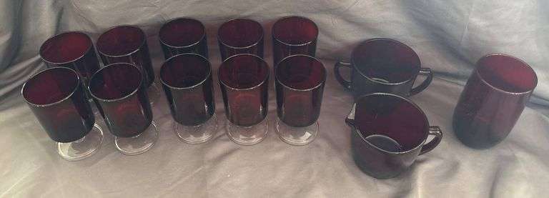 13 Ruby Red Glass Cups, Stemmed Glasses & Creamer with Clear Bases and ...